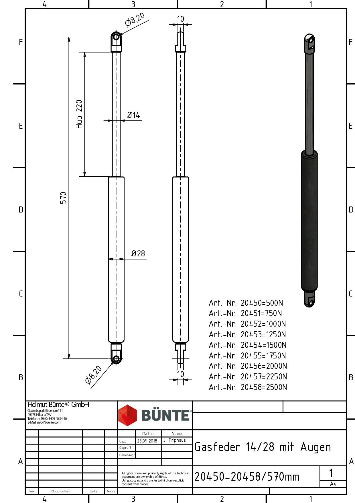 Schramm Fahrzeugbau GmbH. Gasfeder 14/28, 750 Newton, 570 mm lang, 220 ...
